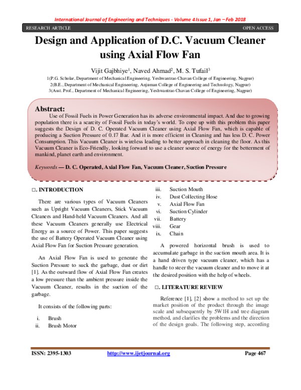 (PDF) Design and Application of D.C. Vacuum Cleaner using Axial Flow Fan