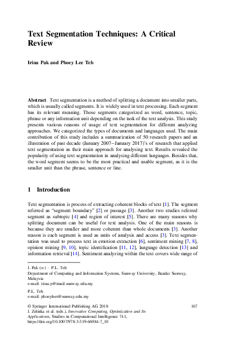 (PDF) Text Segmentation Techniques: A Critical Review