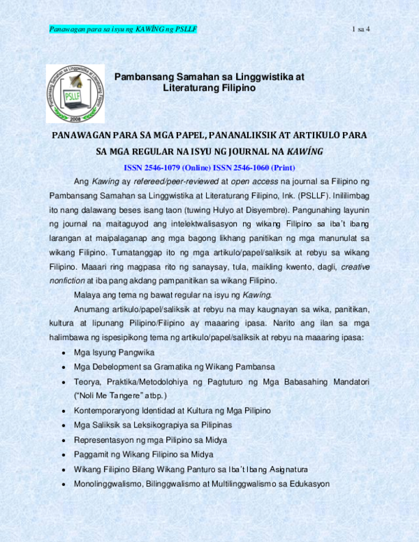 (PDF) Pambansang Samahan sa Linggwistika at Literaturang Filipino ...