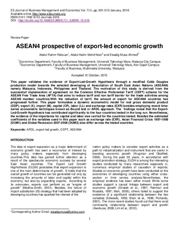 (PDF) ASEAN4 prospective of export-led economic growth