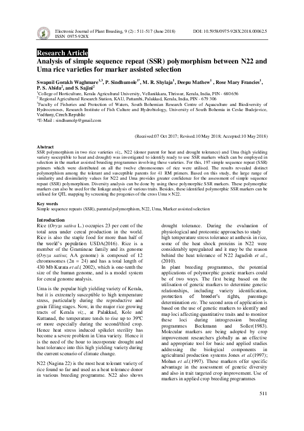 Pdf Analysis Of Simple Sequence Repeat Ssr Polymorphism Between N22