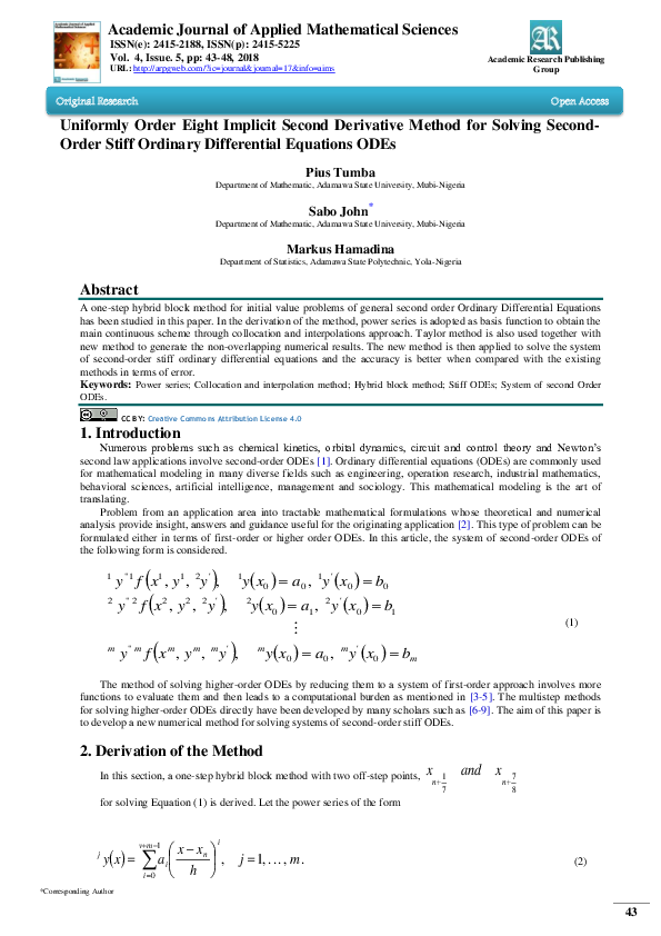 (PDF) Uniformly Order Eight Implicit Second Derivative Method for Solving Second- Order Stiff ...