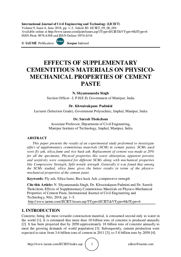 (PDF) EFFECTS OF SUPPLEMENTARY CEMENTITIOUS MATERIALS ON PHYSICO- MECHANICAL PROPERTIES OF ...