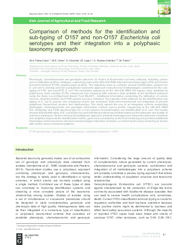 Pdf Comparison Of Methods For The Identification And Sub Typing Of O157 And Non O157