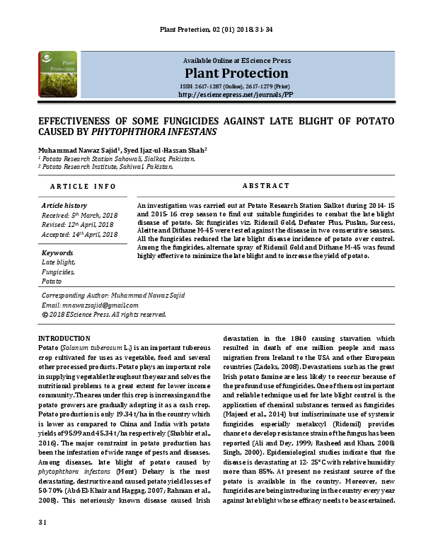 (PDF) Effectiveness of different fungicides against late blight (Phytophthora infestans) of potato