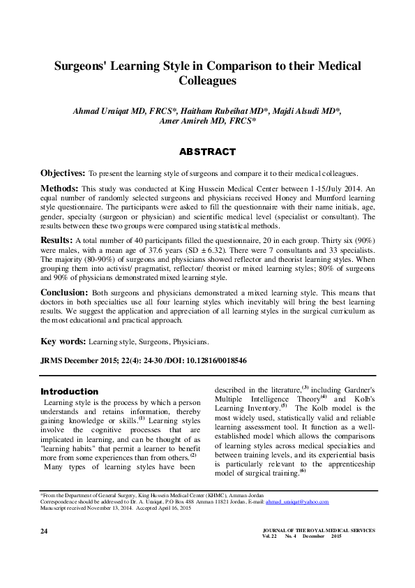 (PDF) Surgeons' Learning Style in Comparison to their Medical Colleagues