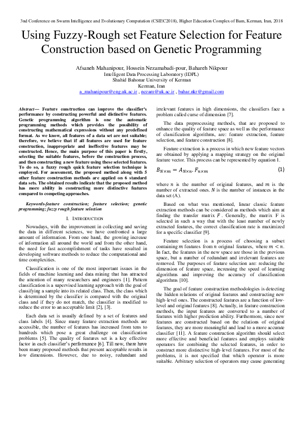 Doc Using Fuzzy Rough Set Feature Selection For Feature Construction Based On Genetic Programming