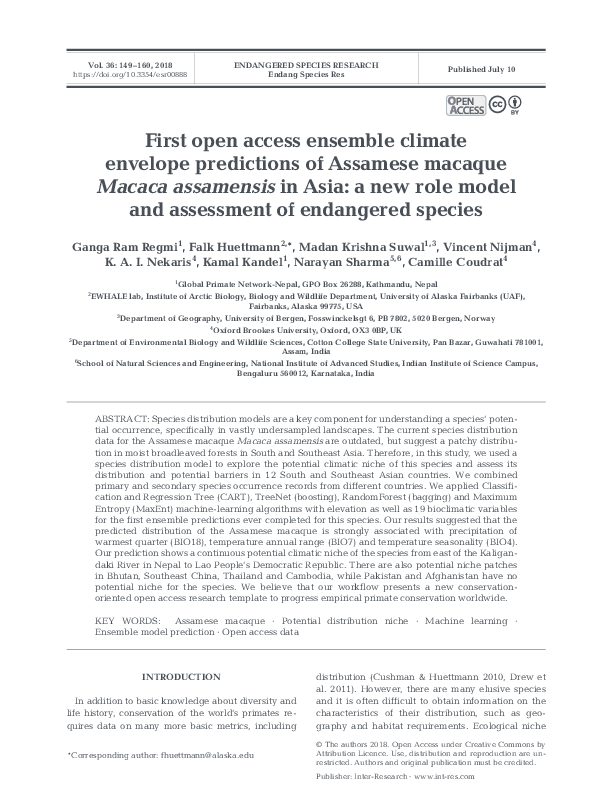 (PDF) First open access ensemble climate envelope predictions of Assamese macaque Macaca ...