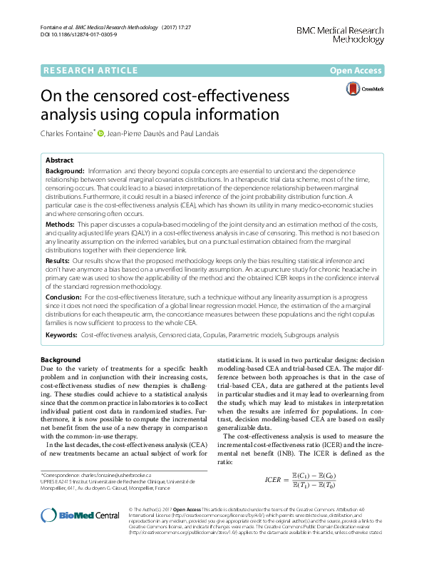 (PDF) On the censored cost-effectiveness analysis using copula information
