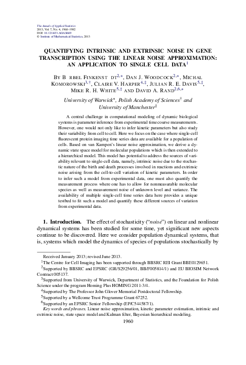 (PDF) Quantifying intrinsic and extrinsic noise in gene transcription using the linear noise ...