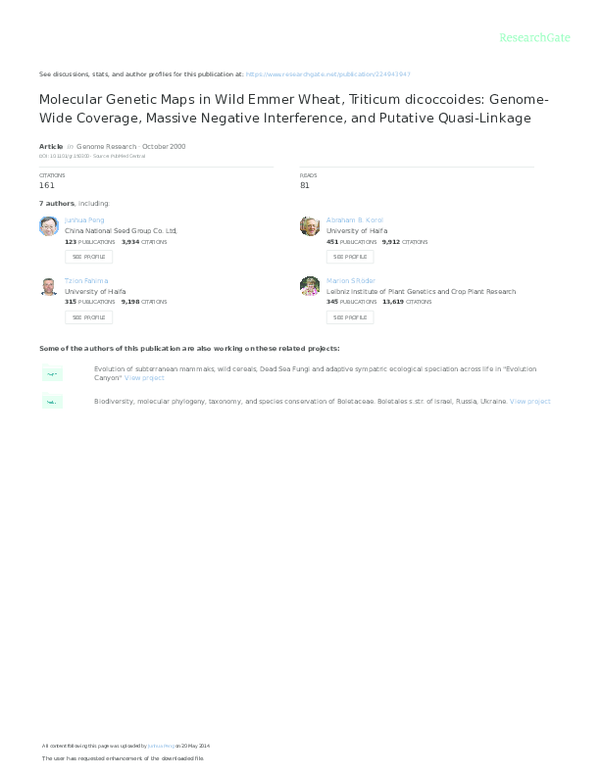 (PDF) Molecular Genetic Maps in Wild Emmer Wheat, Triticum dicoccoides ...