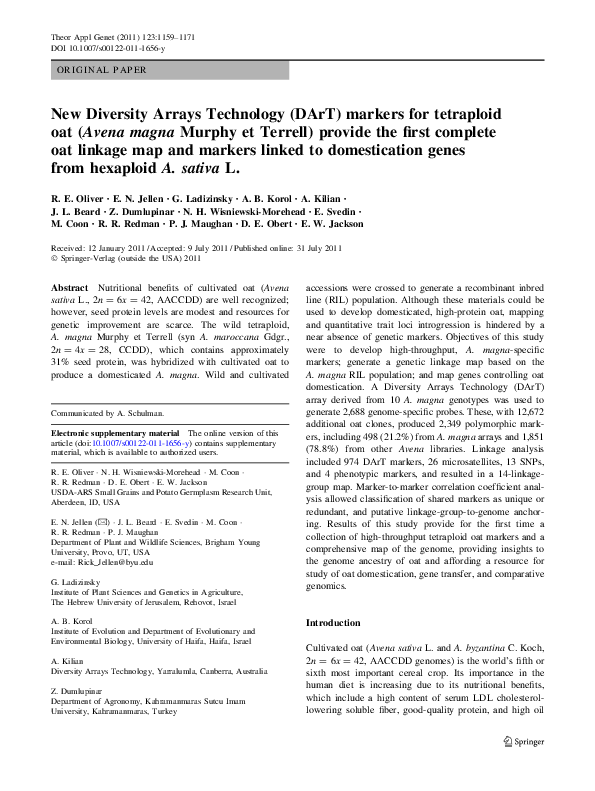 (PDF) New Diversity Arrays Technology (DArT) markers for tetraploid oat ...