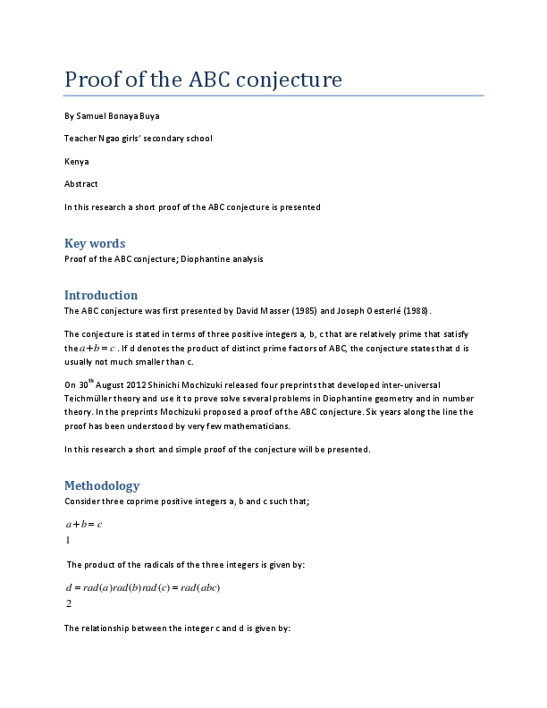(PDF) Proof of the ABC conjecture | Samuel Bonaya Buya - Academia.edu