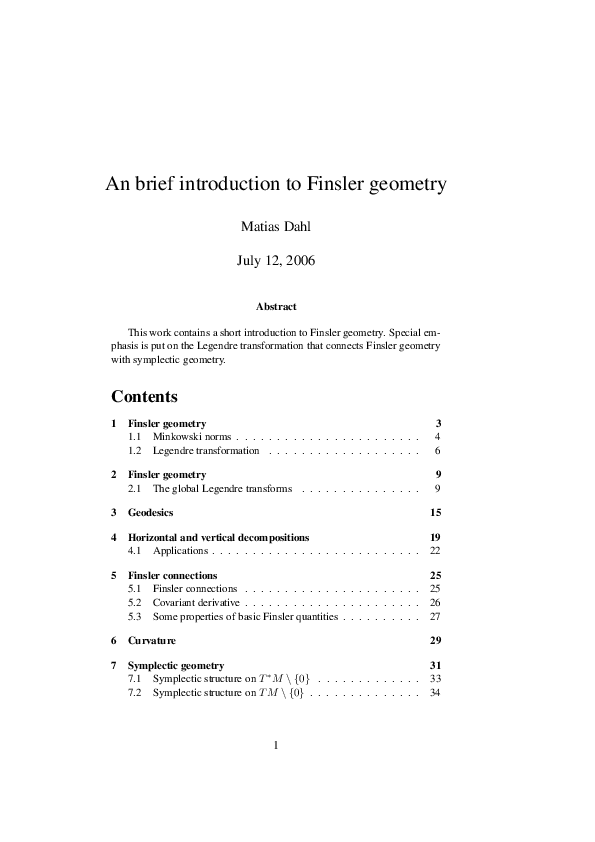 (PDF) An brief introduction to Finsler geometry