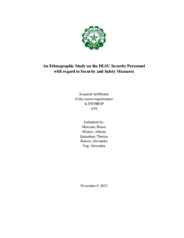 (PDF) An Ethnographic Study on the DLSU Security Personnel with regard ...