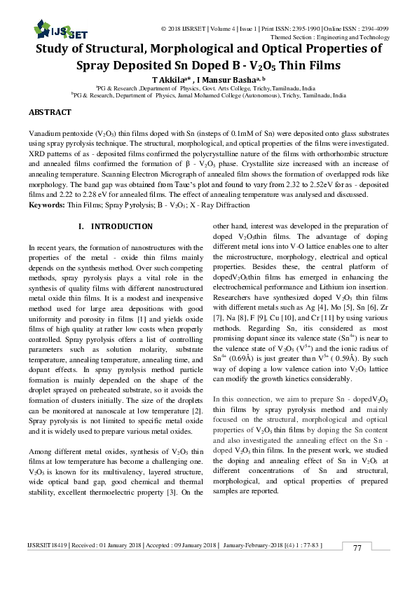 (PDF) Study of Structural, Morphological and Optical Properties of Spray Deposited Sn Doped Β -V ...