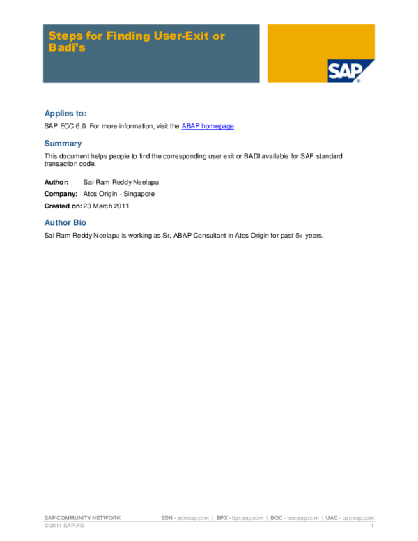 (PDF) SAP COMMUNITY NETWORK Steps for Finding User-Exit or Badi's Applies to