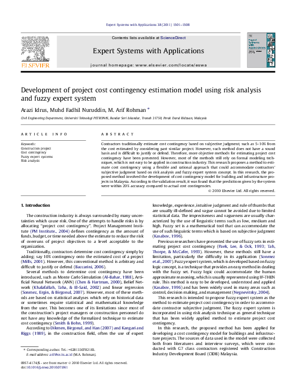 Pdf Development Of Project Cost Contingency Estimation Model Using