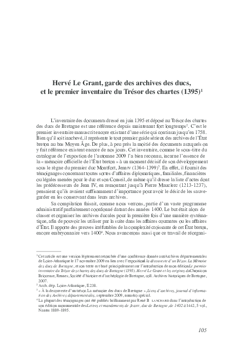 (PDF) Hervé Le Grant, garde des archives des ducs, et le premier ...