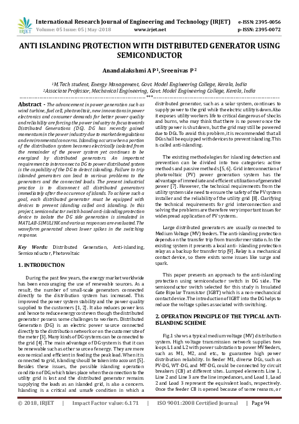 (PDF) ANTI ISLANDING PROTECTION WITH DISTRIBUTED GENERATOR USING SEMICONDUCTOR