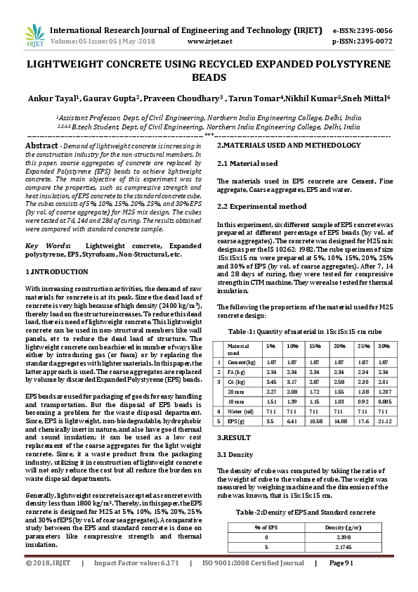 (PDF) LIGHTWEIGHT CONCRETE USING RECYCLED EXPANDED POLYSTYRENE BEADS