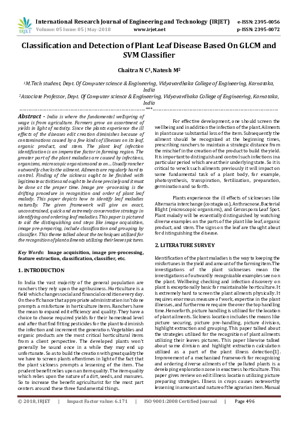 Pdf Classification And Detection Of Plant Leaf Disease Based On Glcm And Svm Classifier