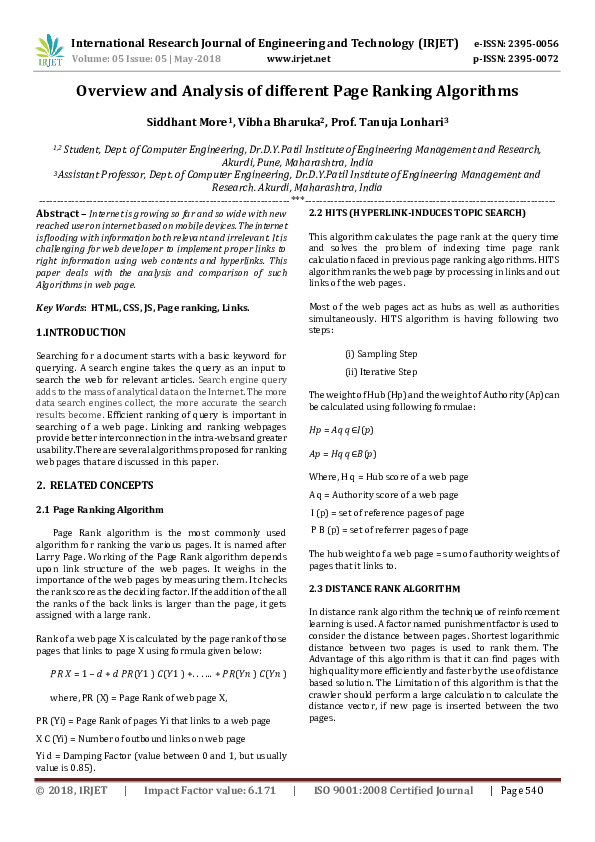 (PDF) Overview and Analysis of different Page Ranking Algorithms