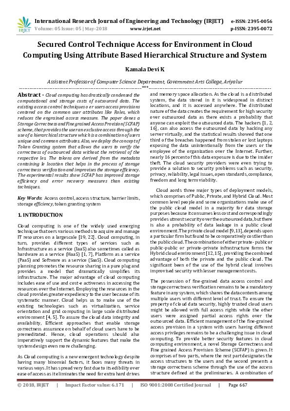 (PDF) IRJET- Secured Control Technique Access for Environment in Cloud Computing Using Attribute ...