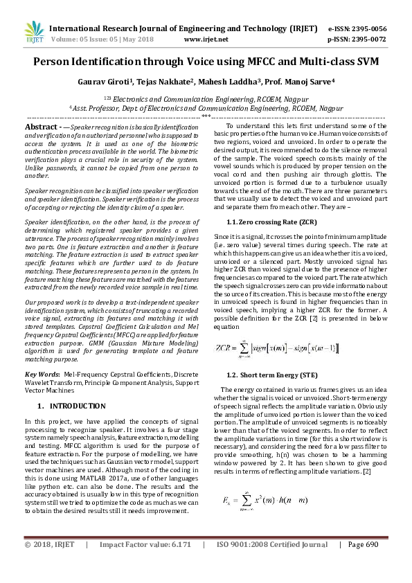 (PDF) IRJET- Person Identification through Voice using MFCC and Multi-class SVM