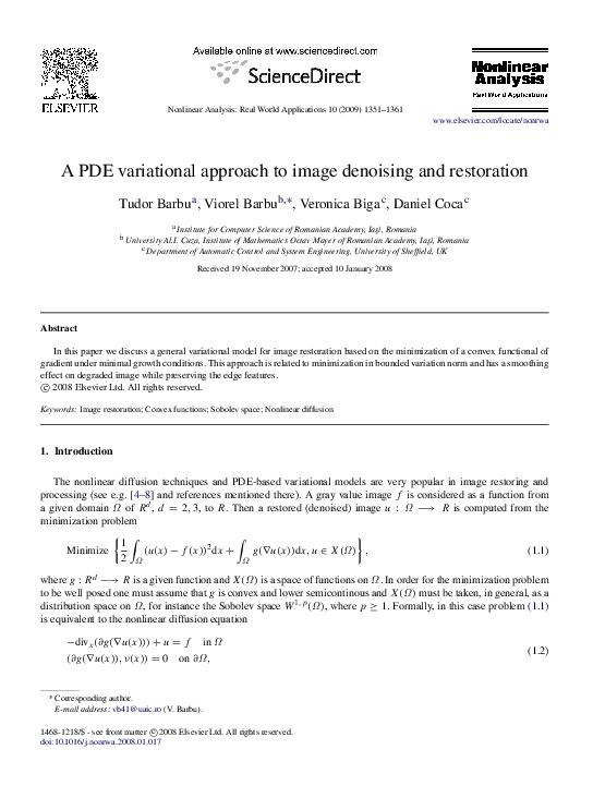 Pdf A Pde Variational Approach To Image Denoising And Restoration