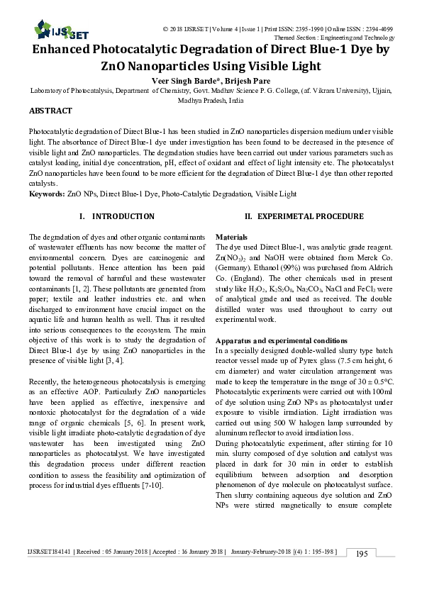 (PDF) Enhanced Photocatalytic Degradation of Direct Blue-1 Dye by ZnO ...