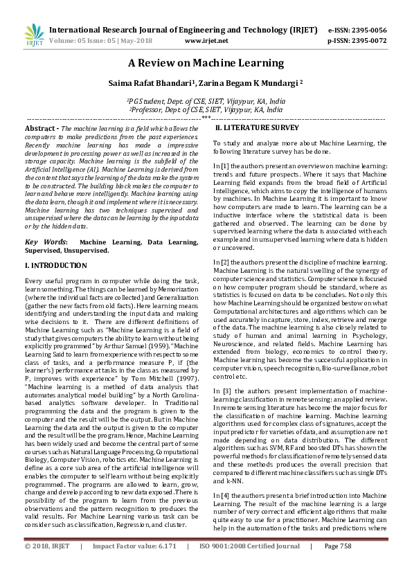 (PDF) IRJET- A Review on Machine Learning