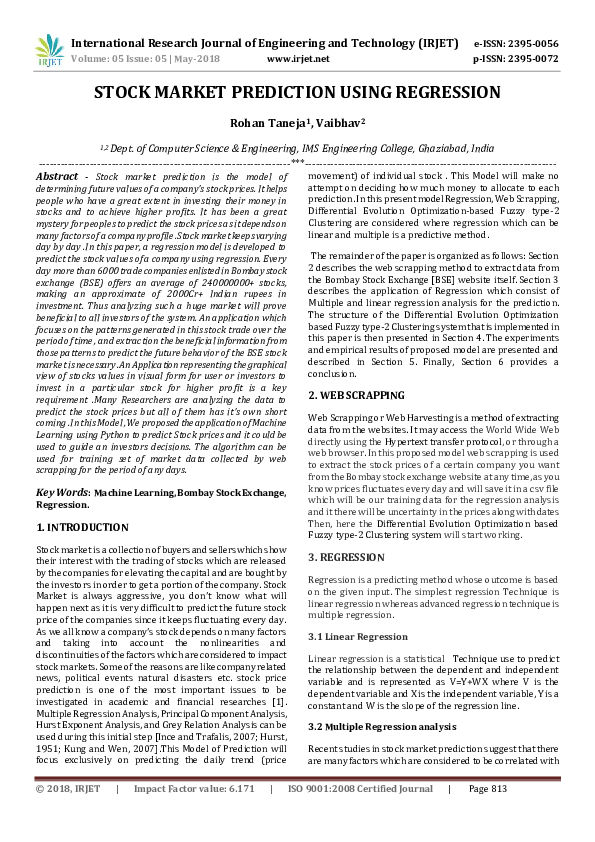 (PDF) IRJET- STOCK MARKET PREDICTION USING REGRESSION
