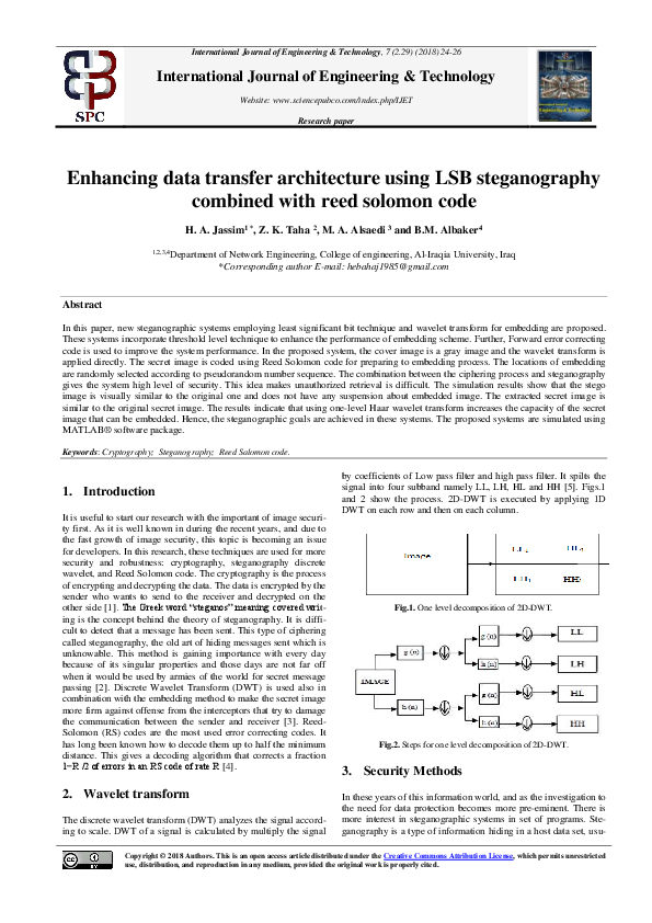 Pdf Enhancing Data Transfer Architecture Using Lsb Steganography Combined With Reed Solomon Code