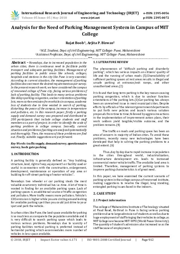 (PDF) Analysis for the Need of Parking Management System in Campus of ...