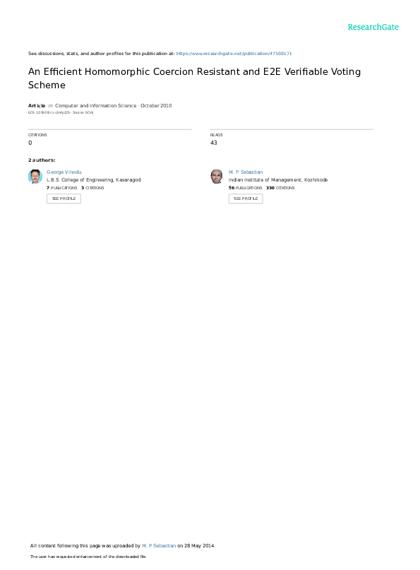 (PDF) An Efficient Homomorphic Coercion Resistant and E2E Verifiable Voting Scheme