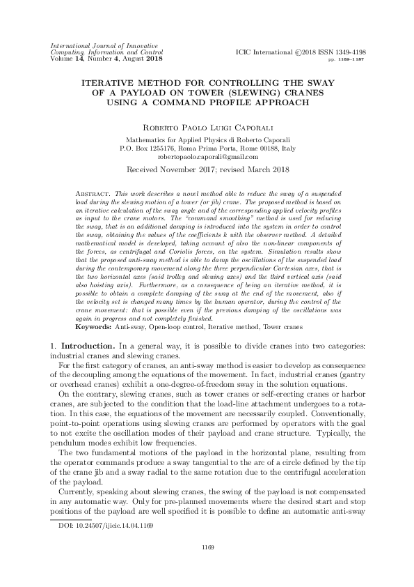 Pdf Iterative Method For Controlling The Sway Of A Payload On Tower Slewing Cranes Using A