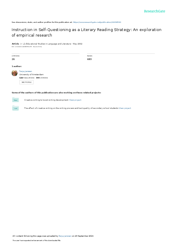 (PDF) Instruction in self-questioning as a literary reading strategy ...