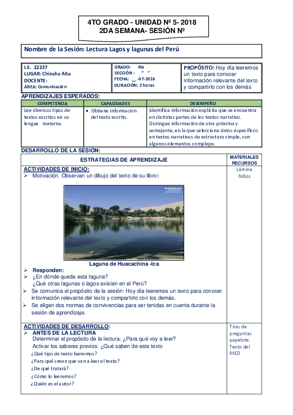 (DOC) Nombre de la Sesión: Lectura Lagos y lagunas del Perú