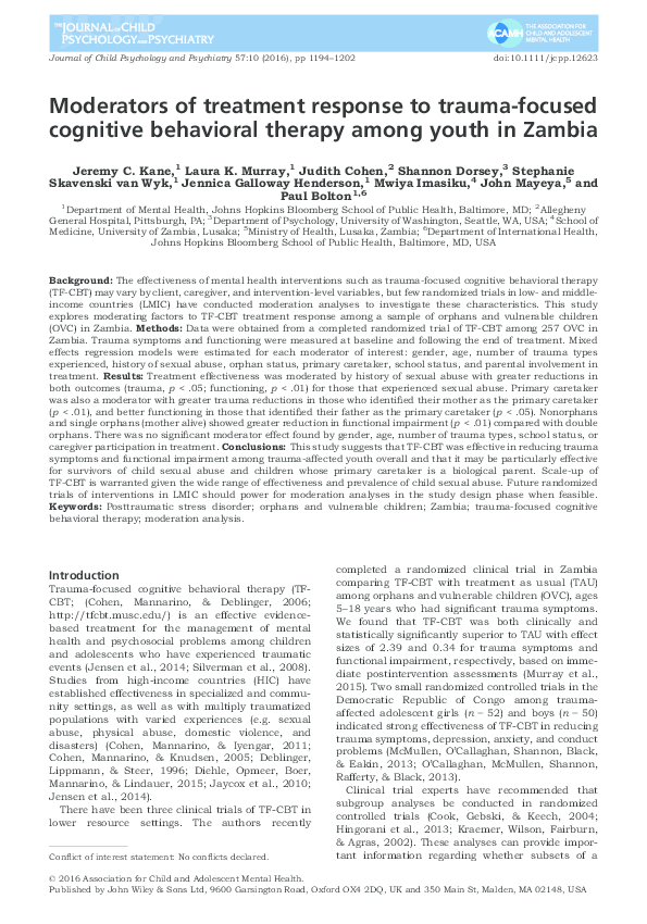 (PDF) Moderators of treatment response to trauma-focused cognitive behavioral therapy among ...