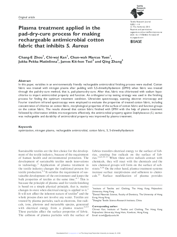 (PDF) Antimicrobial viscose fabric prepared by treatment in DBD and subsequent deposition of ...
