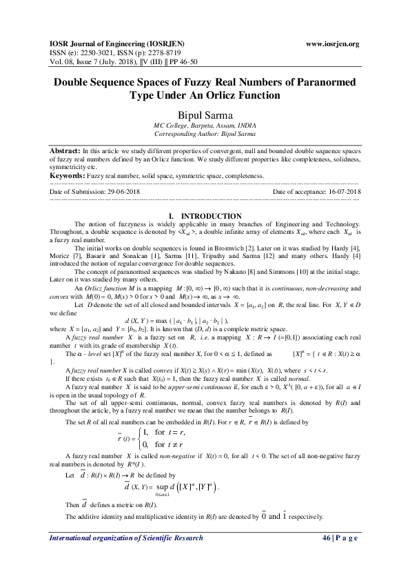Pdf Double Sequence Spaces Of Fuzzy Real Numbers Of Paranormed Type Under An Orlicz Function