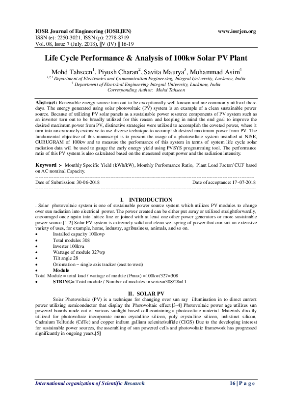 (PDF) Life Cycle Performance & Analysis of 100kw Solar PV Plant