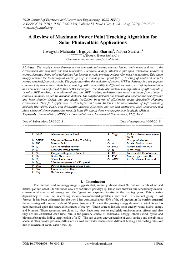 (PDF) A Review of Maximum Power Point Tracking Algorithm for Solar Photovoltaic Applications