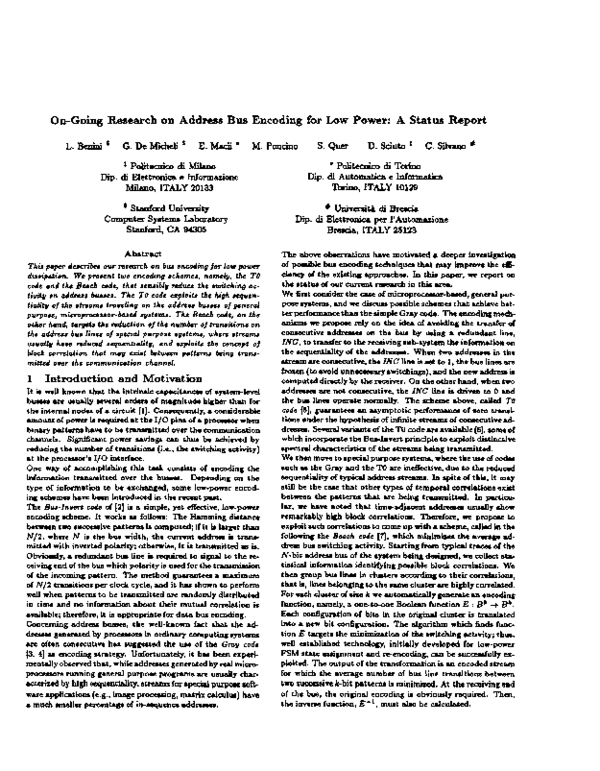Pdf On Going Research On Address Bus Encoding For Low Power A Status
