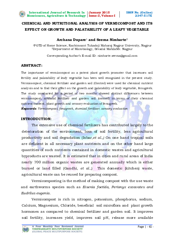 (PDF) CHEMICAL AND NUTRITIONAL ANALYSIS OF VERMICOMPOST AND ITS EFFECT ...