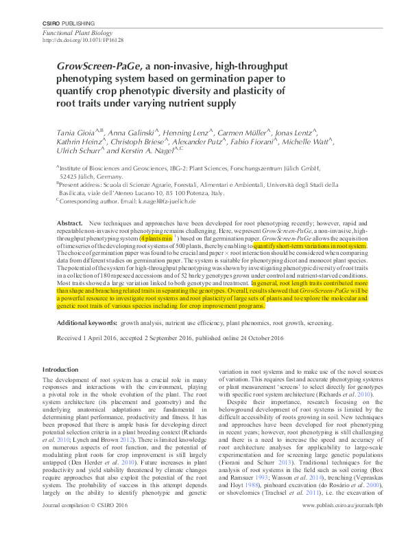 (PDF) GrowScreen-PaGe, a non-invasive, high-throughput phenotyping system based on germination ...