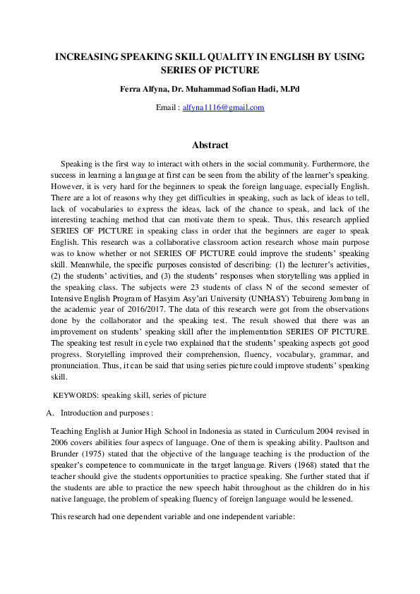(DOC) INCREASING SPEAKING SKILL QUALITY IN ENGLISH BY USING SERIES OF ...