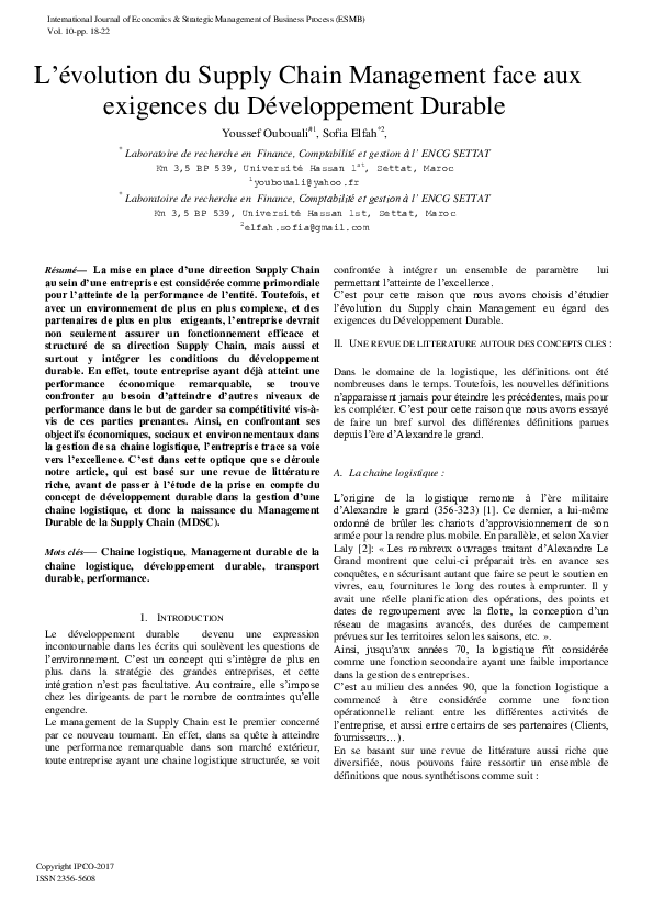 (PDF) L'évolution du Supply Chain Management face aux exigences du Développement Durable