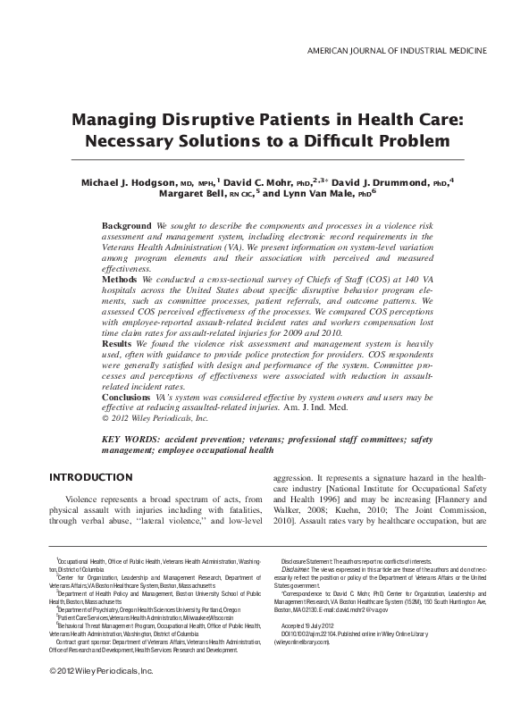 (PDF) Managing disruptive patients in health care: Necessary solutions ...